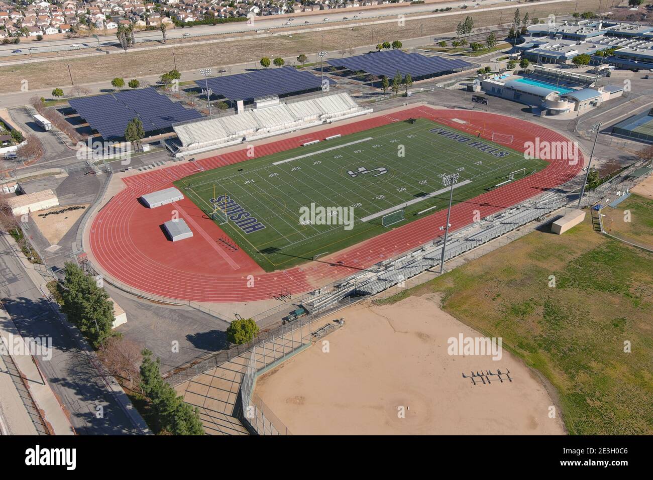An aerial view of Chino Hills High School track and football field ...