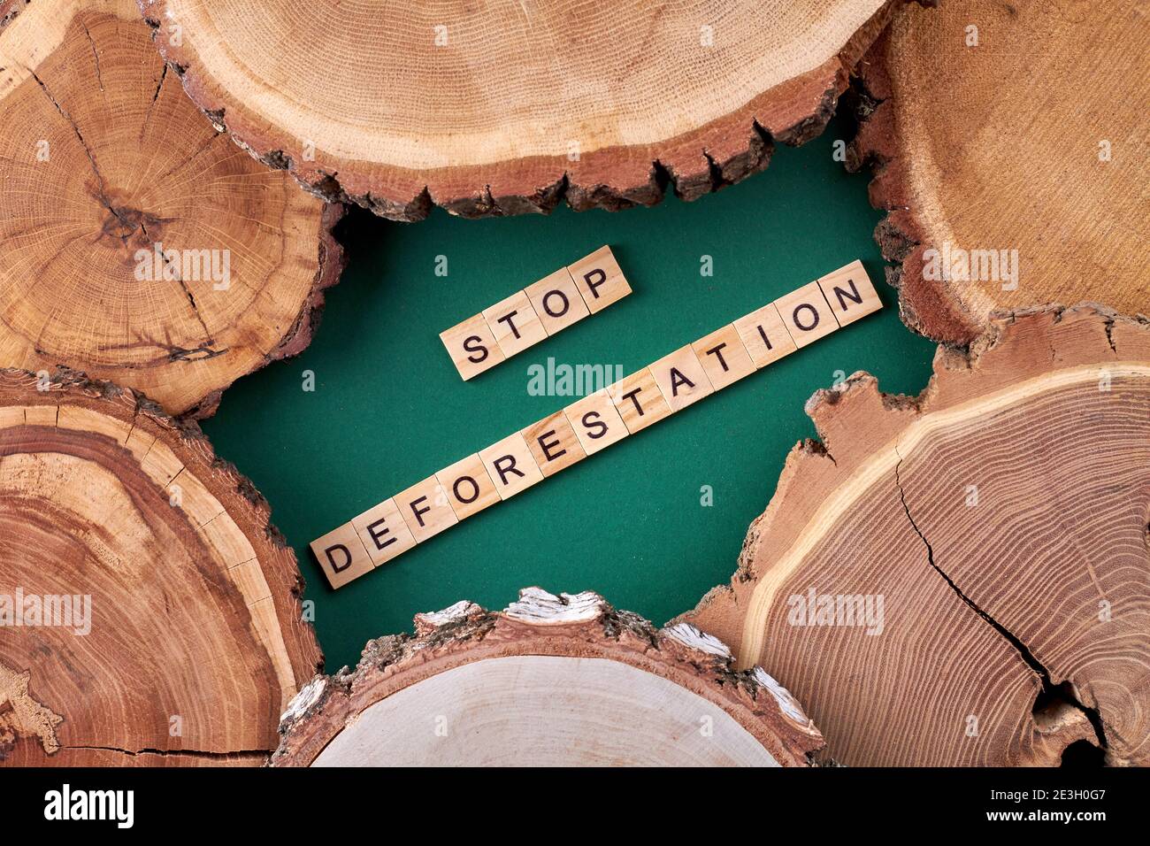 Stop deforestation wooden cubes Stock Photo - Alamy