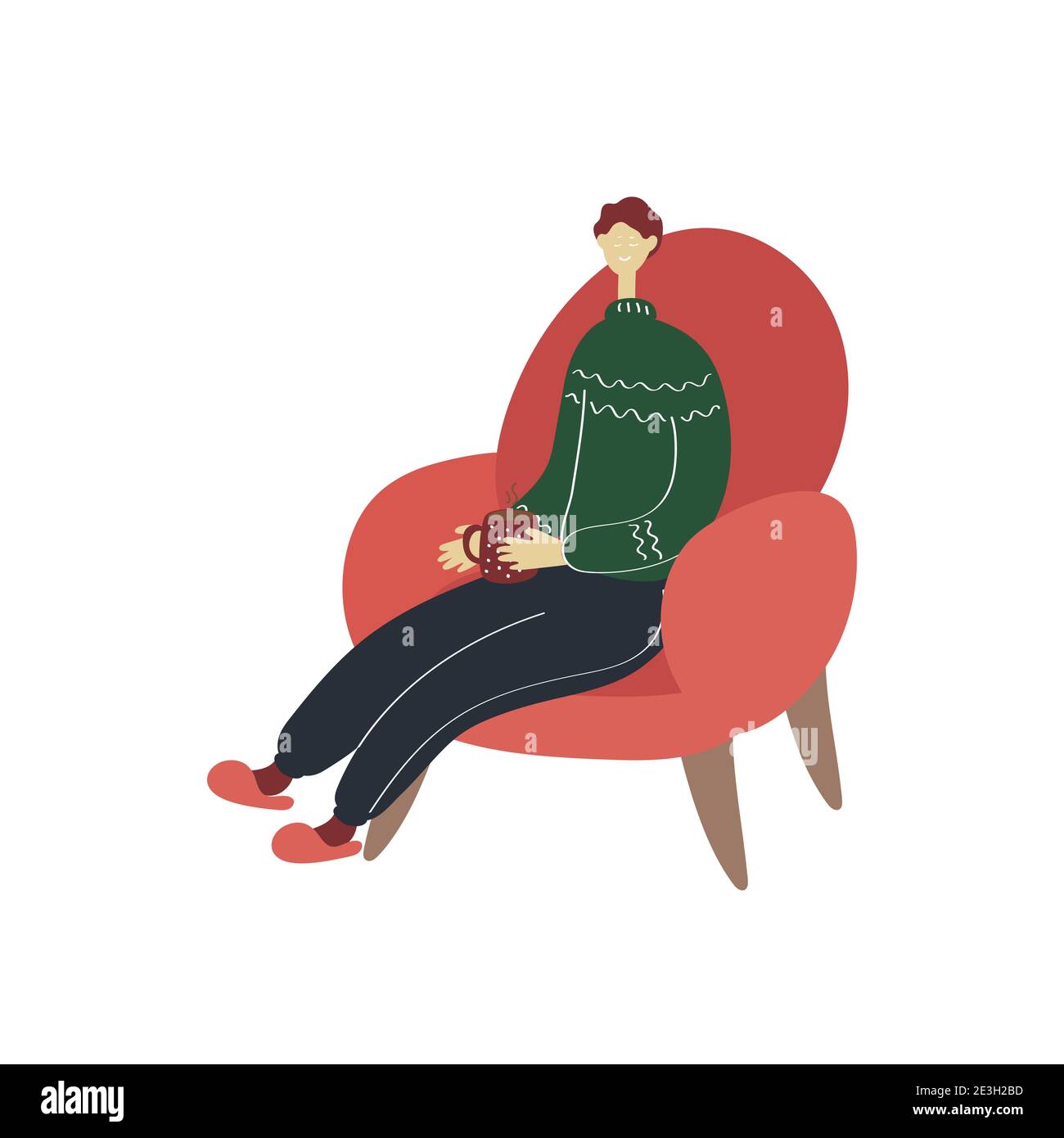 Happy young woman sitting in chair. Cozy home rest. Flat hand drawn ...