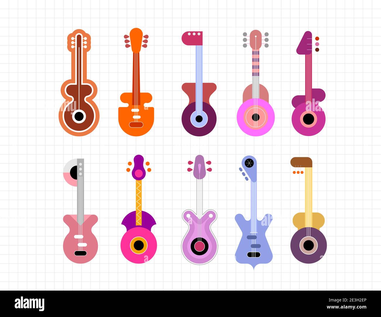 Set of ten different multicolored guitars on a white grid background ...