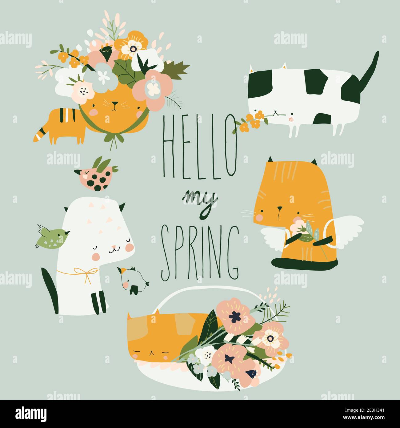 Cartoon set of funny cats with spring flowers Stock Vector Image & Art ...