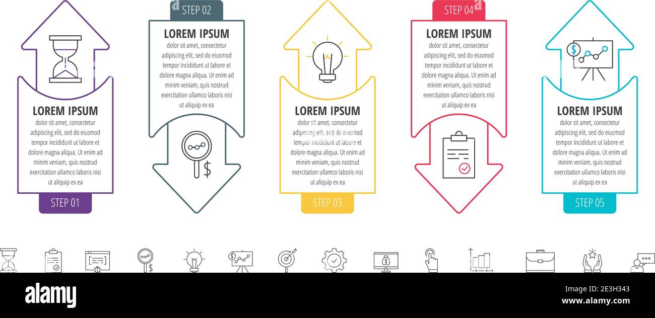 Vector infographic with 5 step, label, arrows, icons. Timeline used for ...