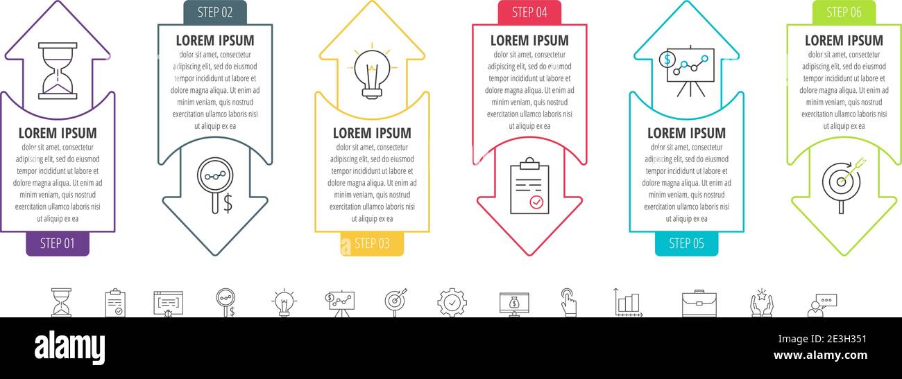 Vector infographic with 6 step, label, numeral, arrows. Timeline used ...