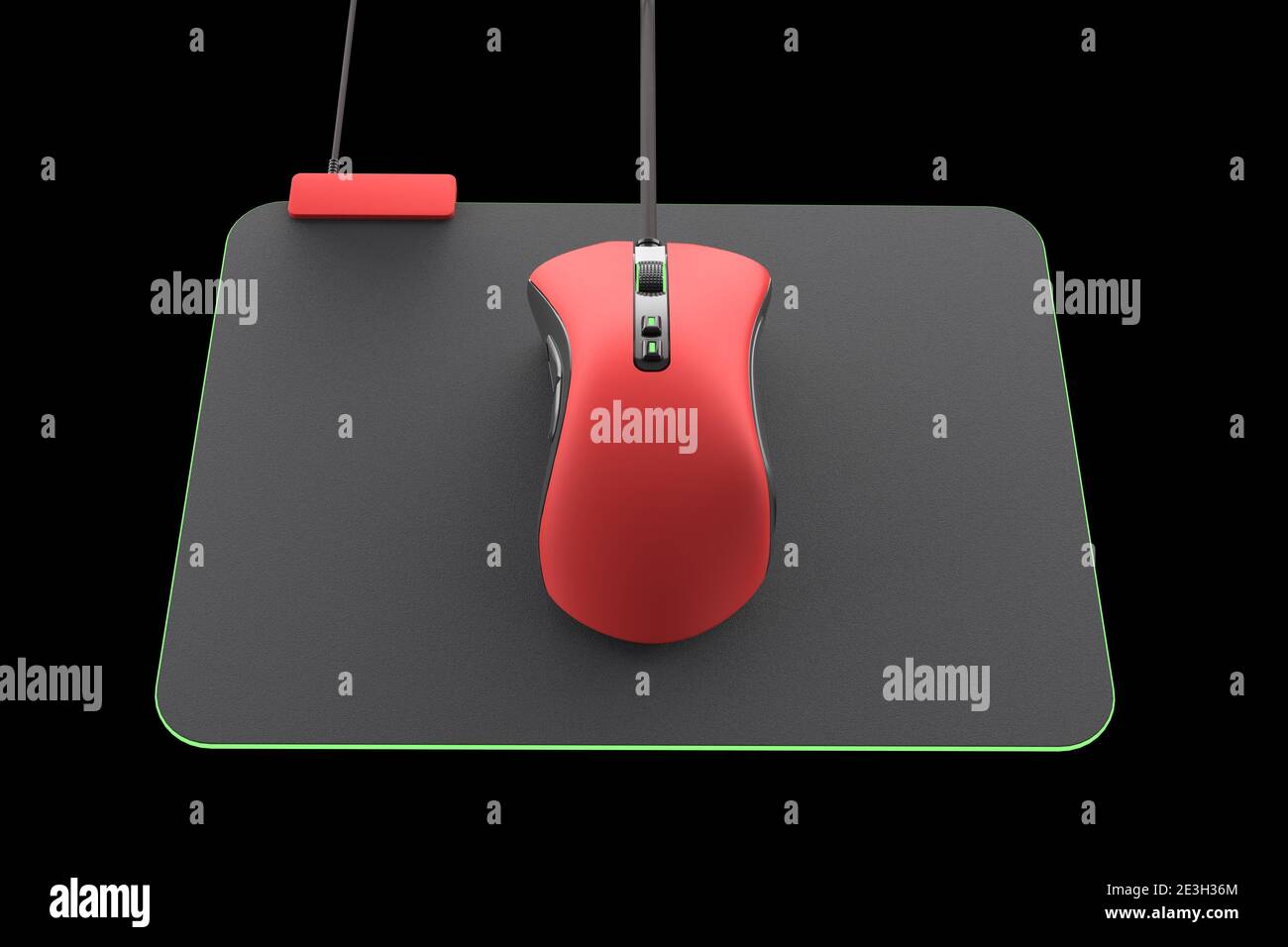 Modern red gaming mouse on professional pad isolated on black ...