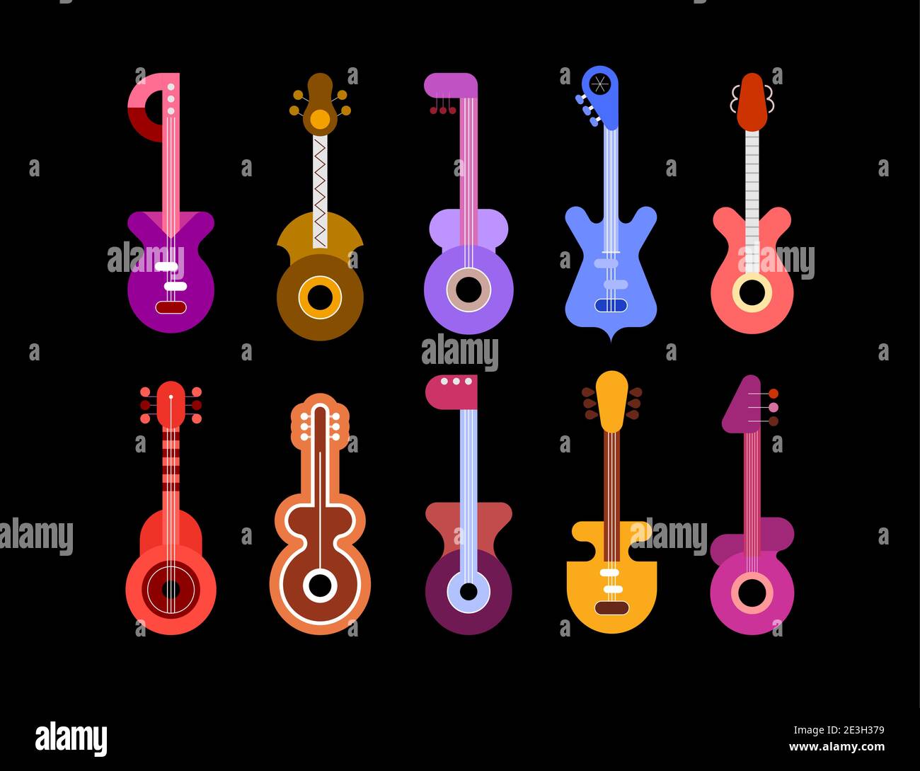 Set of ten different multicolored guitars isolated on a black ...
