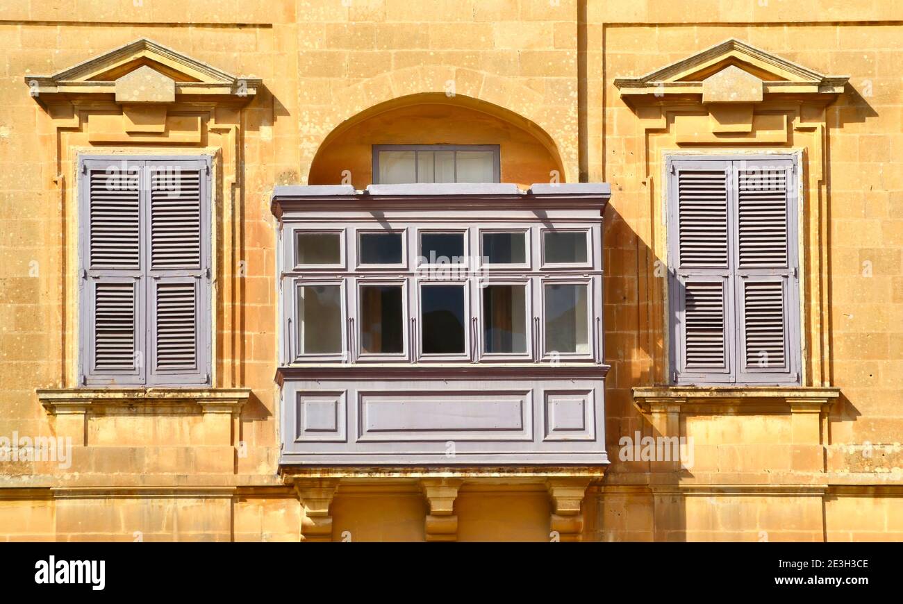 Traditional wooden colorful balconies in center of La Valletta. Malta ...