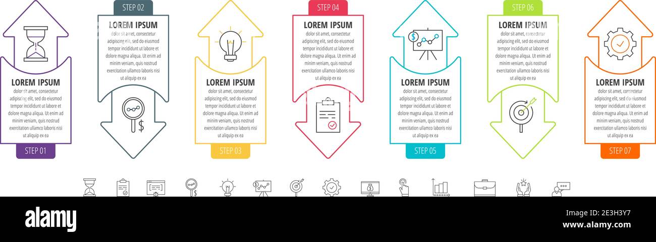 Vector infographic with 7 step, label, numeral, arrows. Timeline used ...