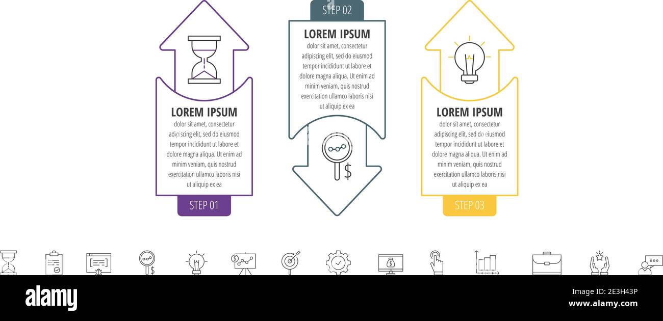 Vector infographic with 3 arrows, label, numeral, icons. Timeline used ...