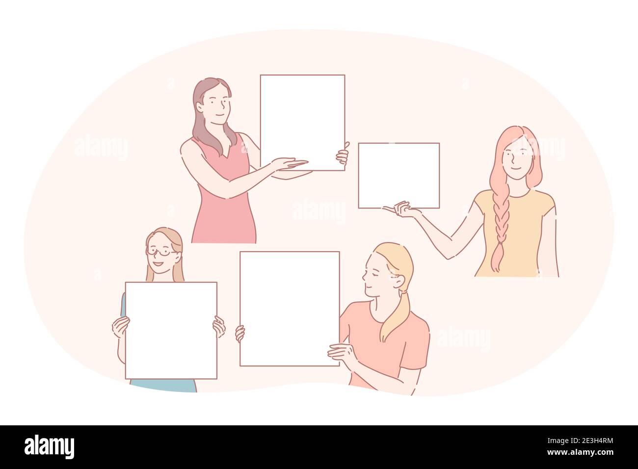 Demonstration, promotion, advertisement concept. Young positive women ...