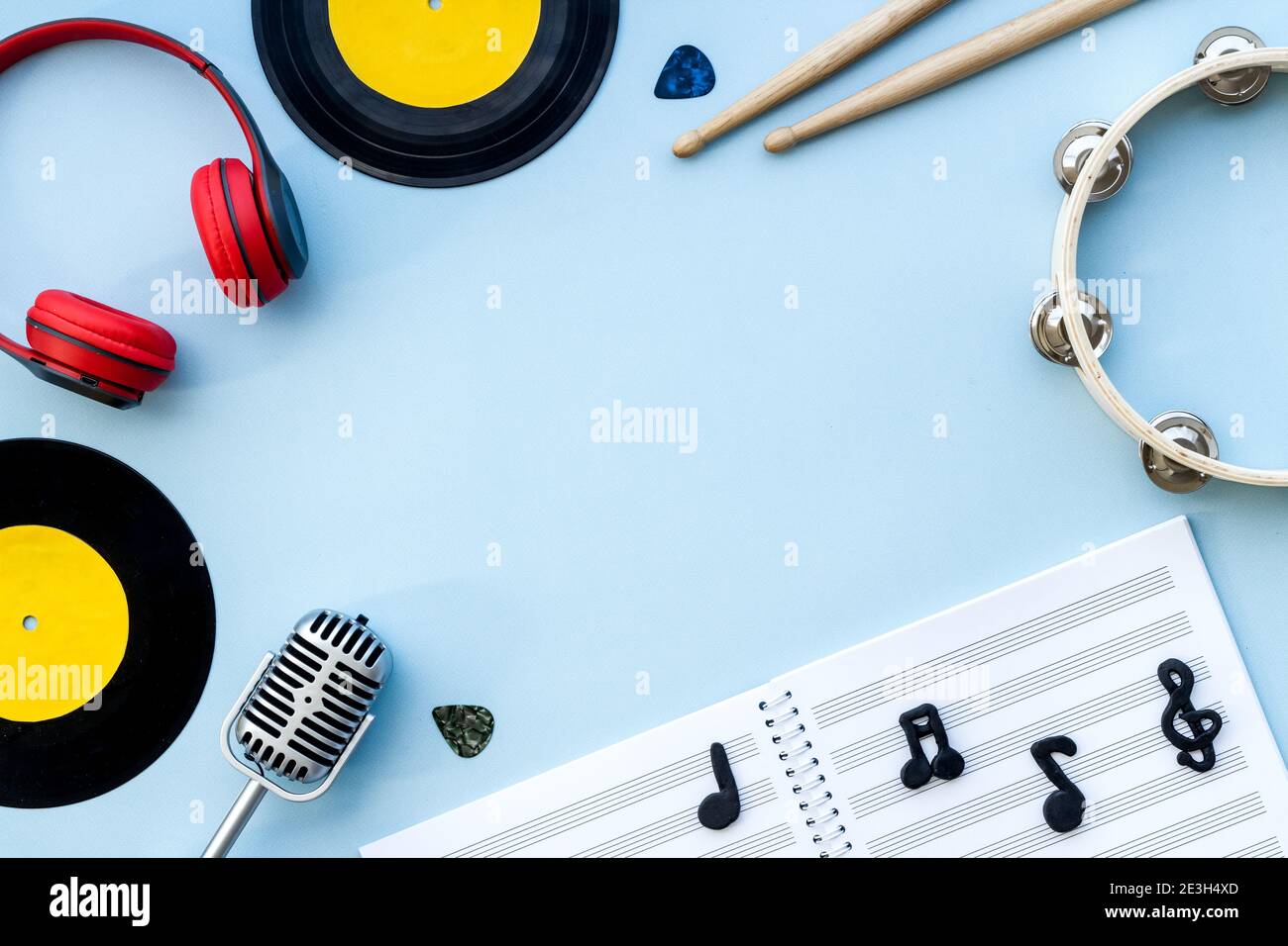Music flat lay - instruments with vinyl records, overhead view Stock ...