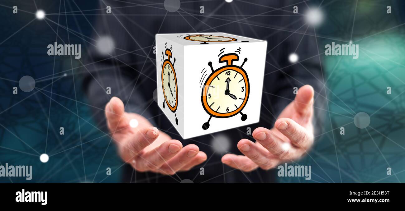 Time concept above the hands of a man in background Stock Photo - Alamy