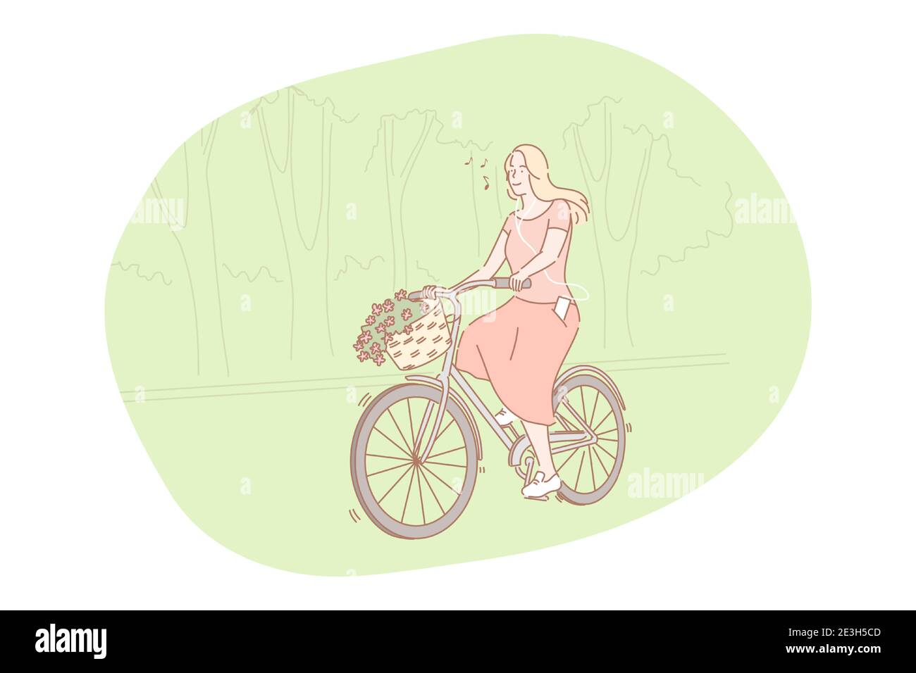 Riding bicycle in summer concept. Young smiling woman cartoon character ...