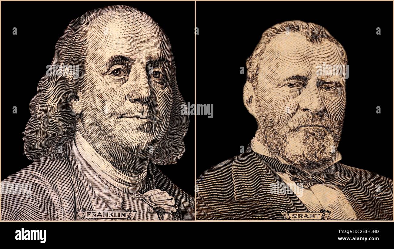 Portrait of U.S. Presidents Benjamin Franklin and Ulysses S. Grant ...