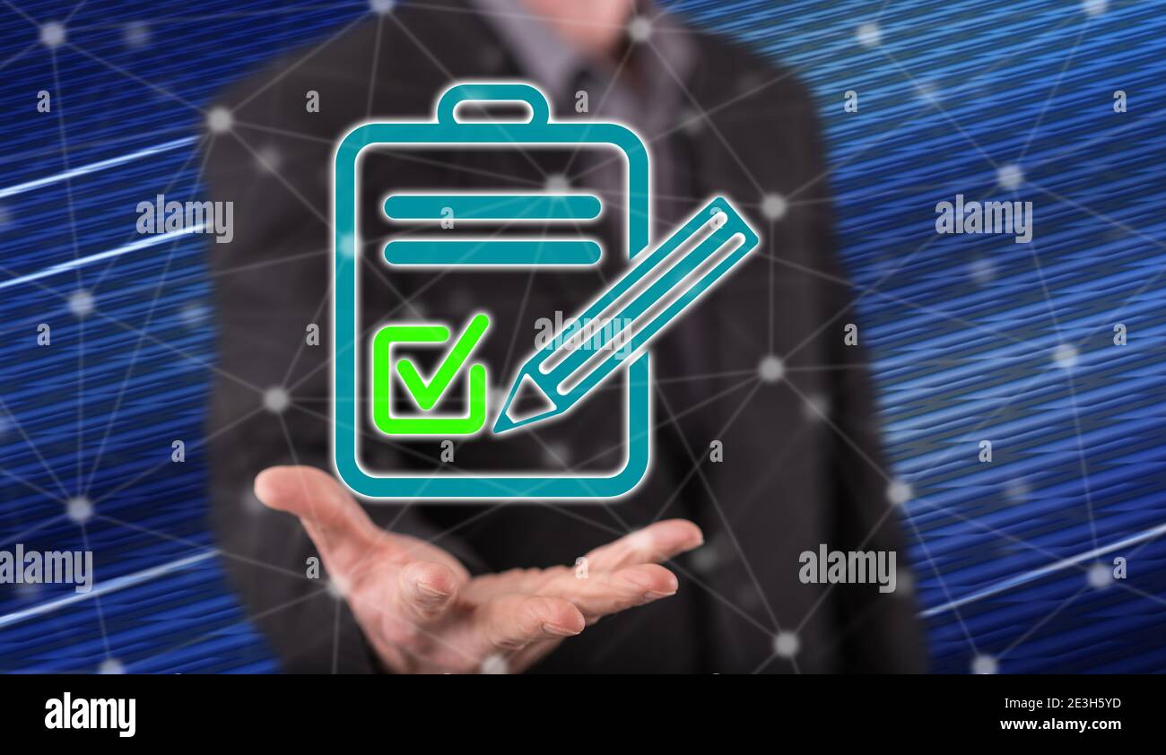 Document validation concept above the hand of a man in background Stock ...