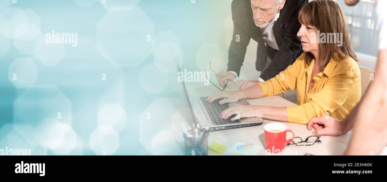 Business people working together in office, light effect; panoramic ...