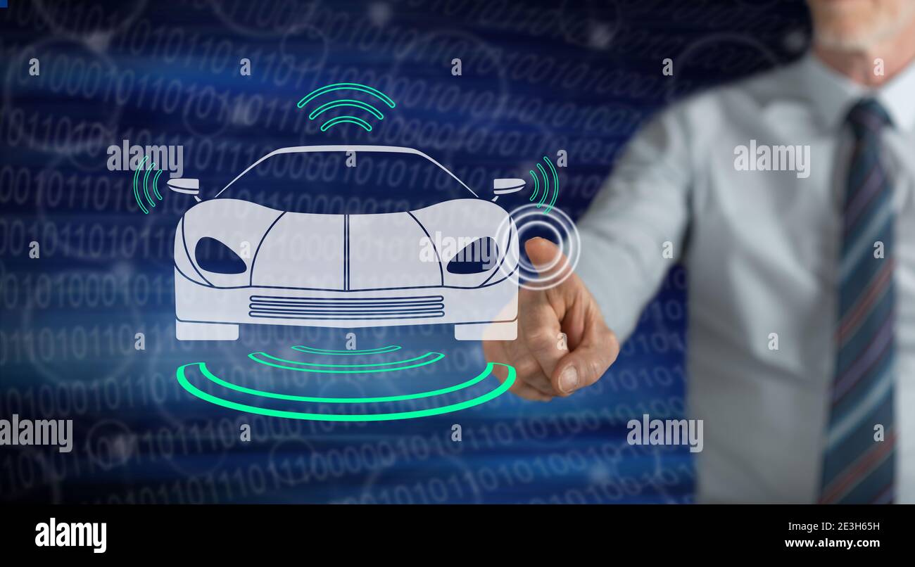 Man touching a smart car concept on a touch screen with his finger ...