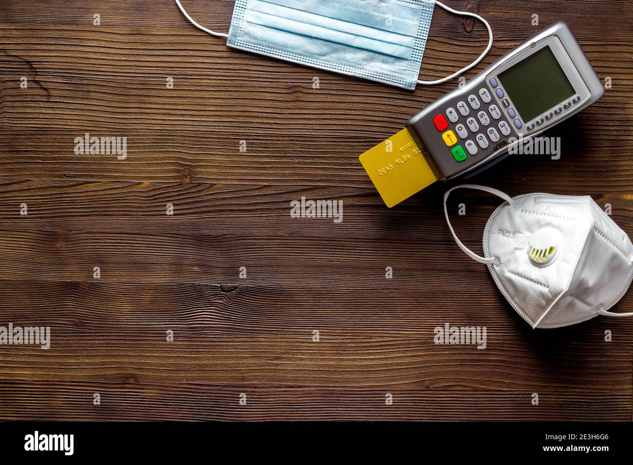 Contactless payment - terminal with medicine face masks, top view Stock ...