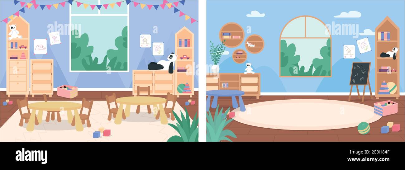 Primary school classroom with no people flat color vector illustration ...