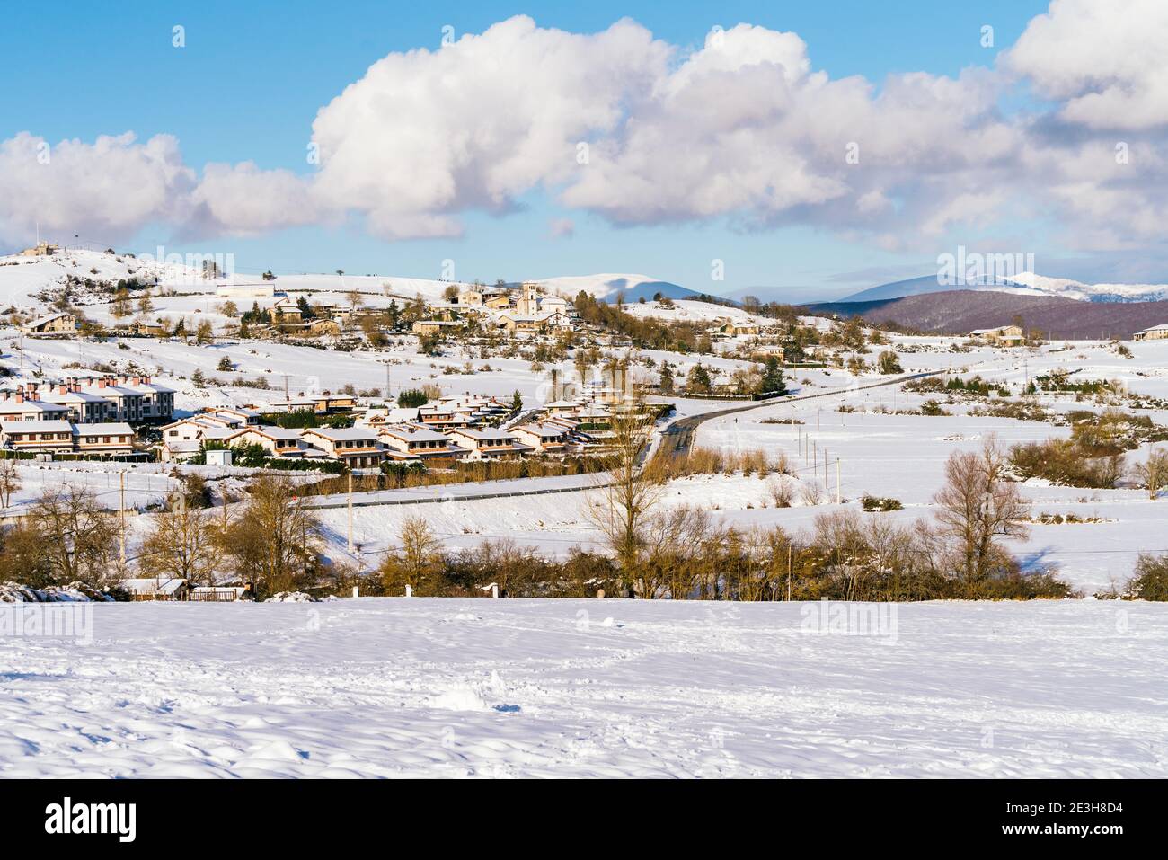 beautiful landscape where you can see a snowy village with a very blue ...