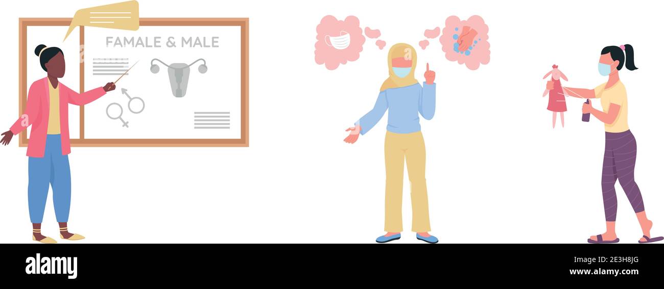 Preschool teachers during pandemic flat color vector faceless ...