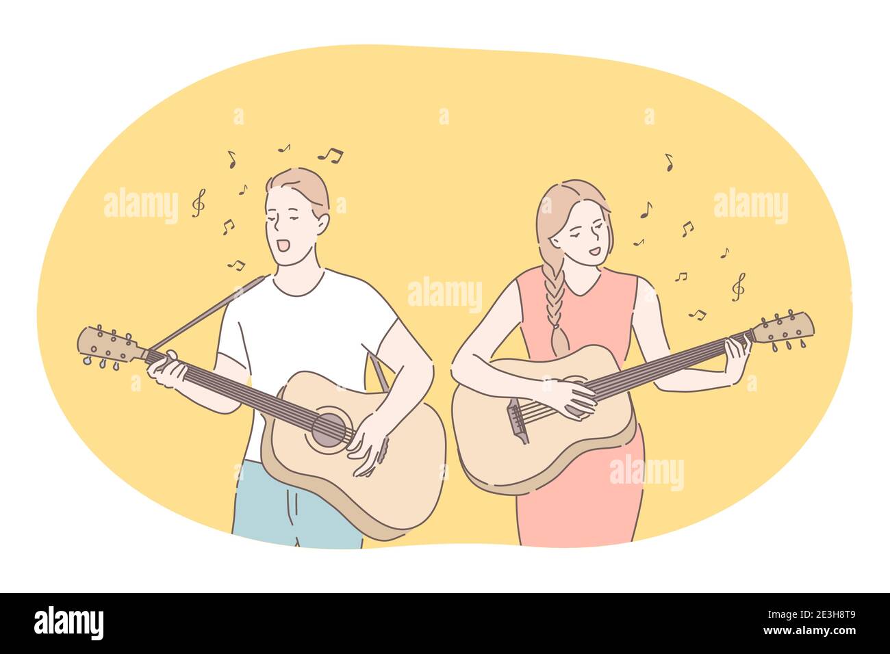 Music, band, playing guitar, singer concept. Young couple man and woman ...