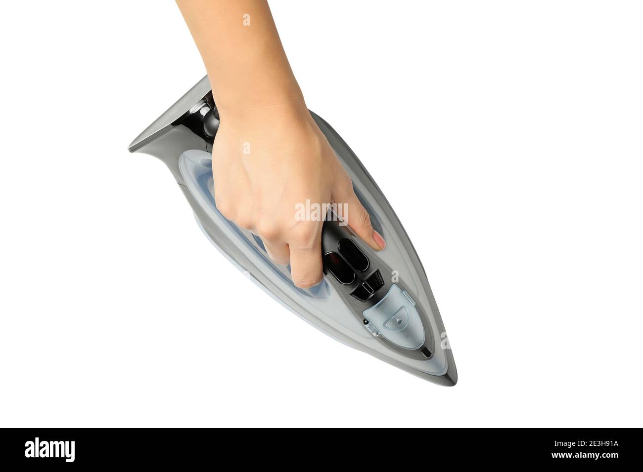 Female hand holding iron isolated on white background Stock Photo - Alamy