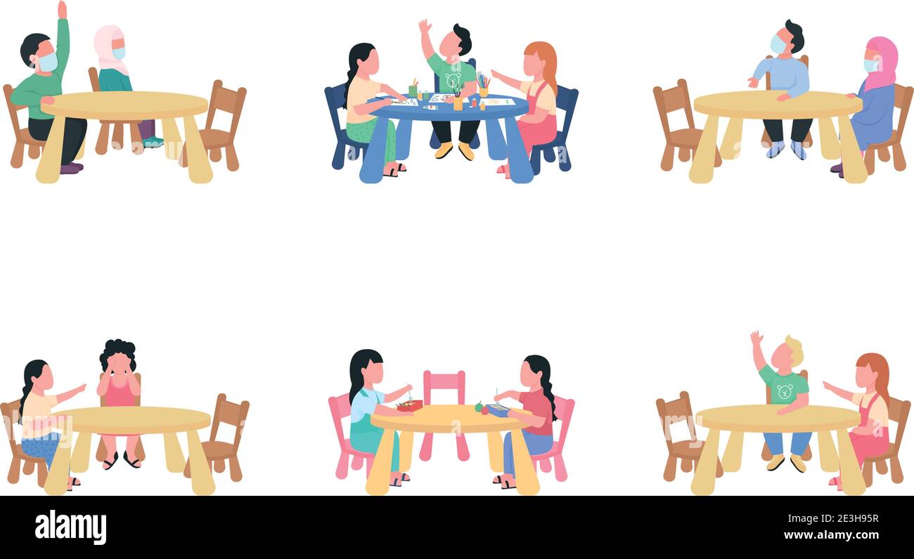 Kindergarten children sitting at table flat color vector faceless ...