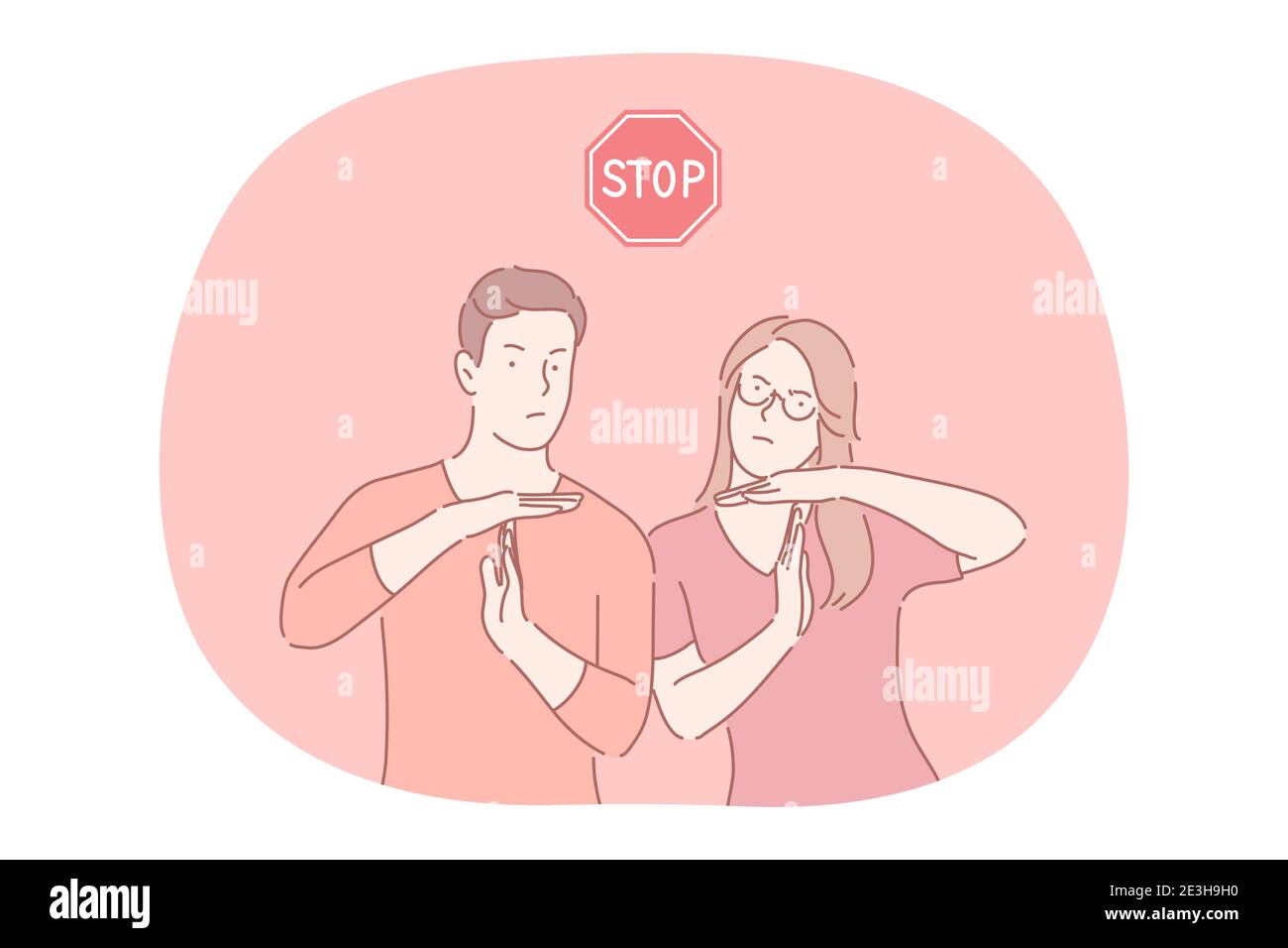 Stop, prohibiting gesture and sign concept. Young serious couple ...