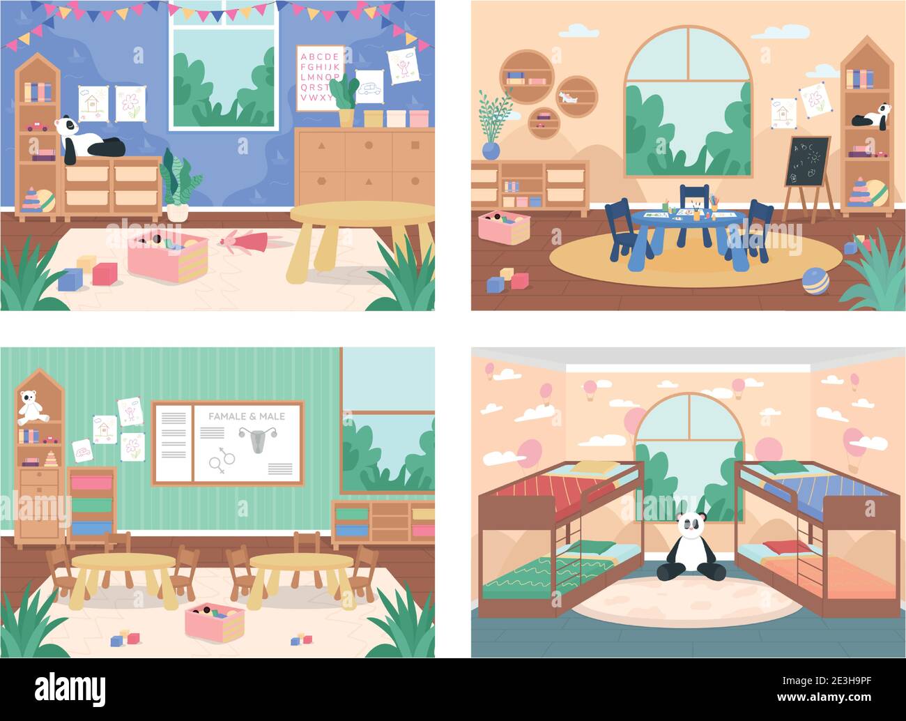 Kindergarten class with no people flat color vector illustration set ...