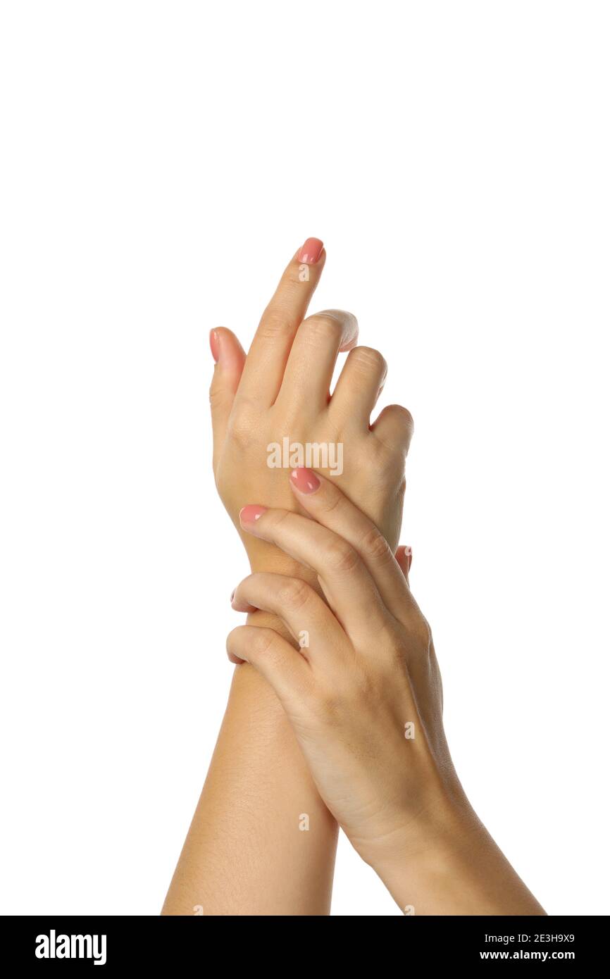Cute female hands with pink manicure isolated on white background Stock ...