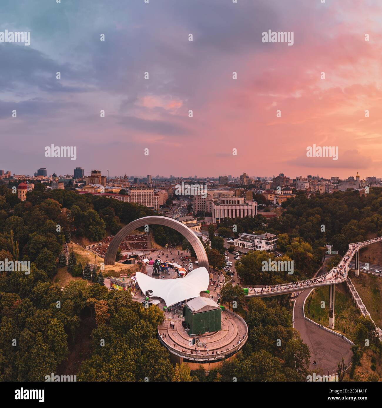 View of Kyiv from the sky. Sunset over summer Kiev with Arch of ...