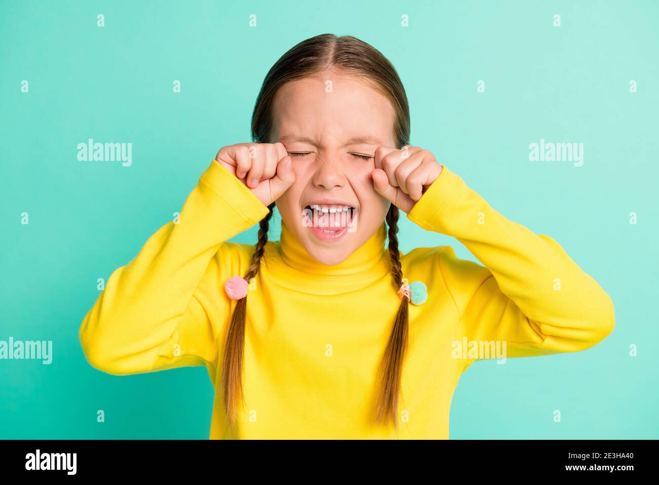 Photo of unhappy sad brown haired little girl cry stressed offended ...