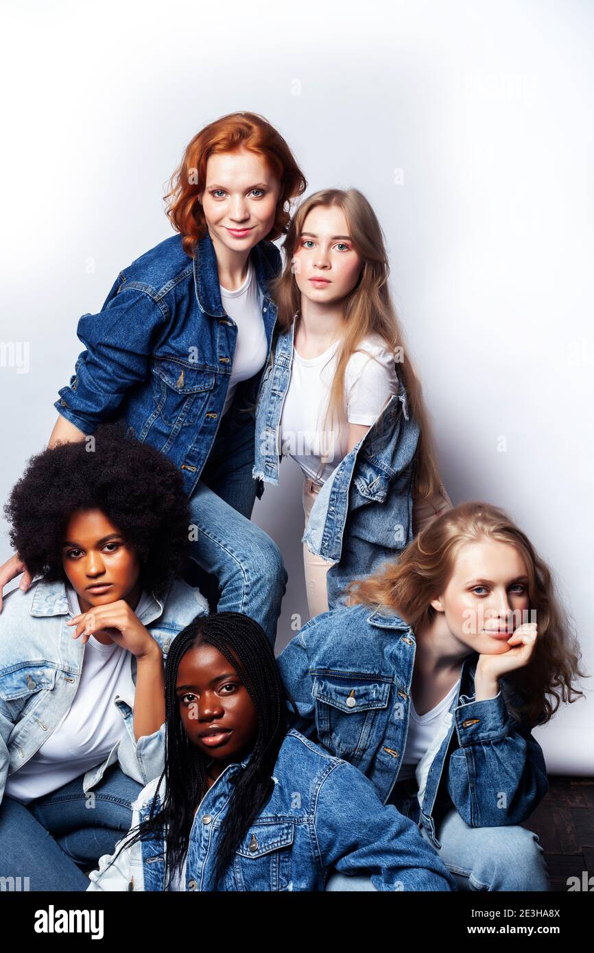 diverse multi nation girls group, teenage friends company cheerful ...