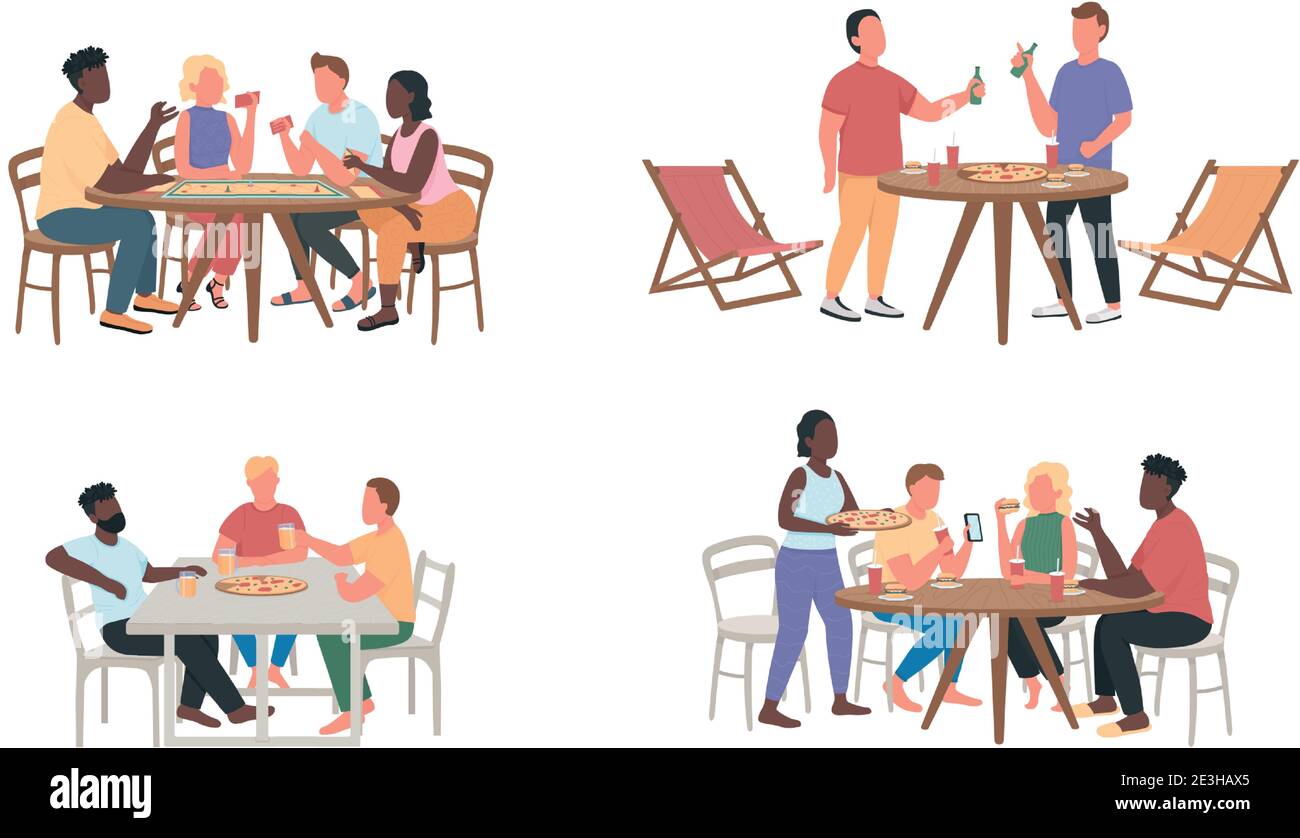 Friends having fun together flat color vector faceless characters set ...