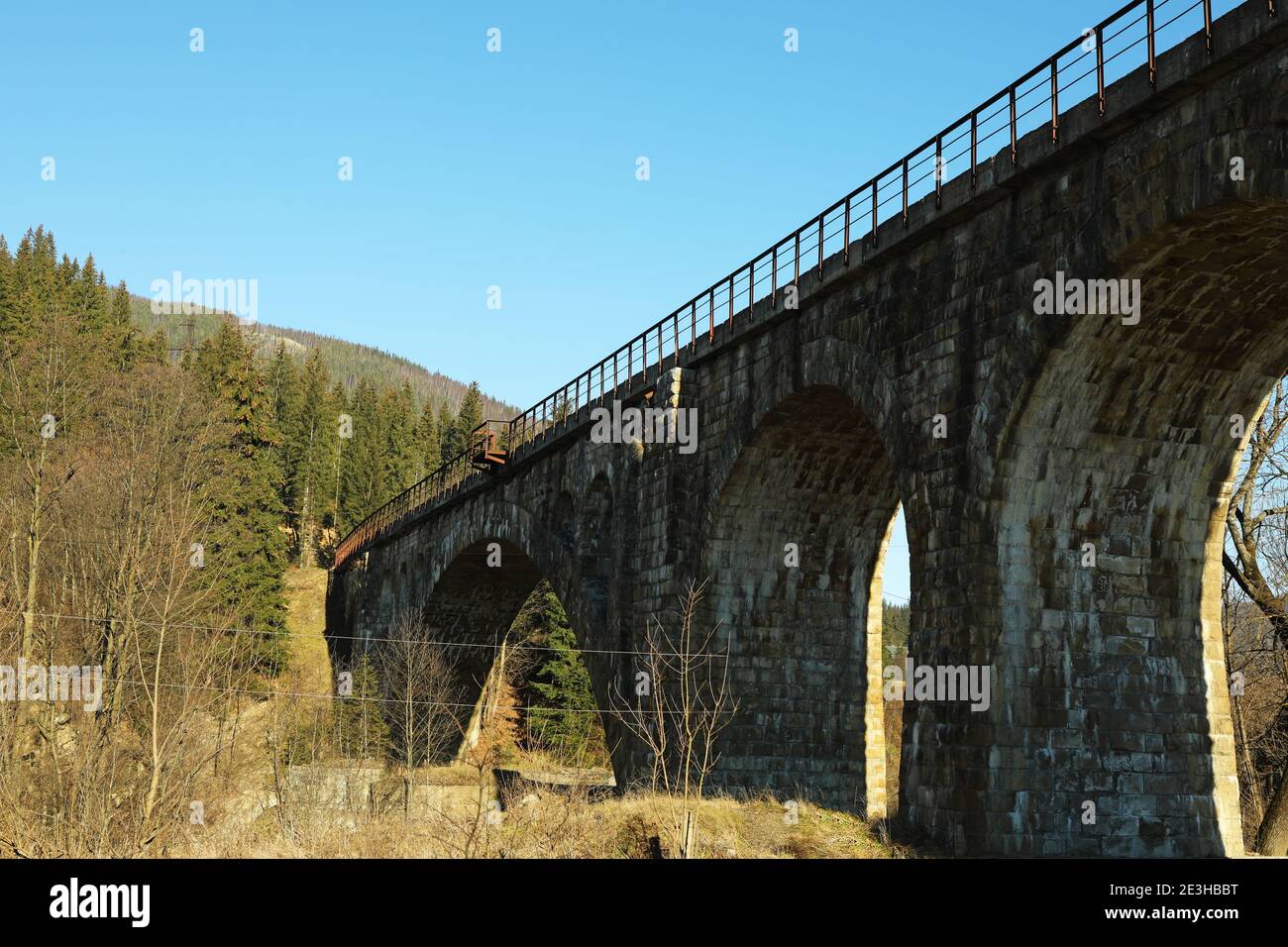 Stone railway bridge in beautiful mountains with spruces Stock Photo ...