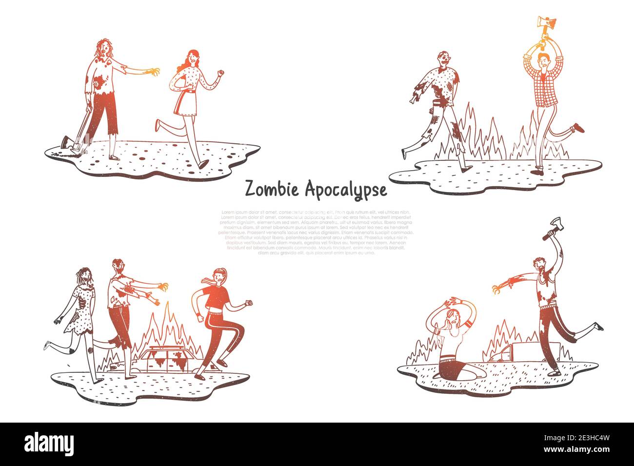 Zombie apocalypse - zombies scarying and fighting with people vector ...