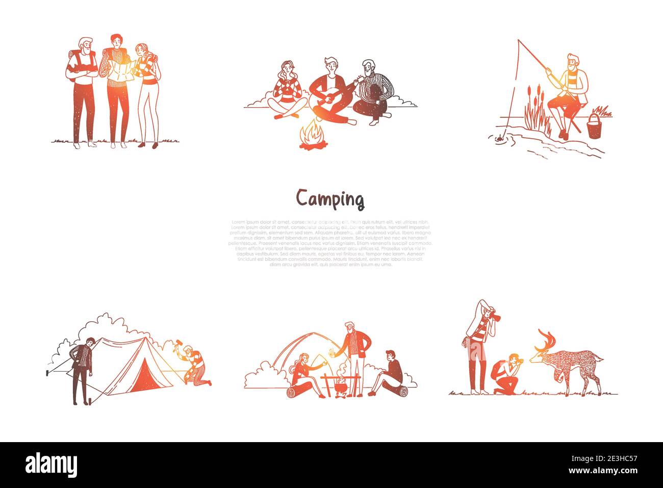 Camping - friends orienting by map, singing near fire, fishing, fixing ...