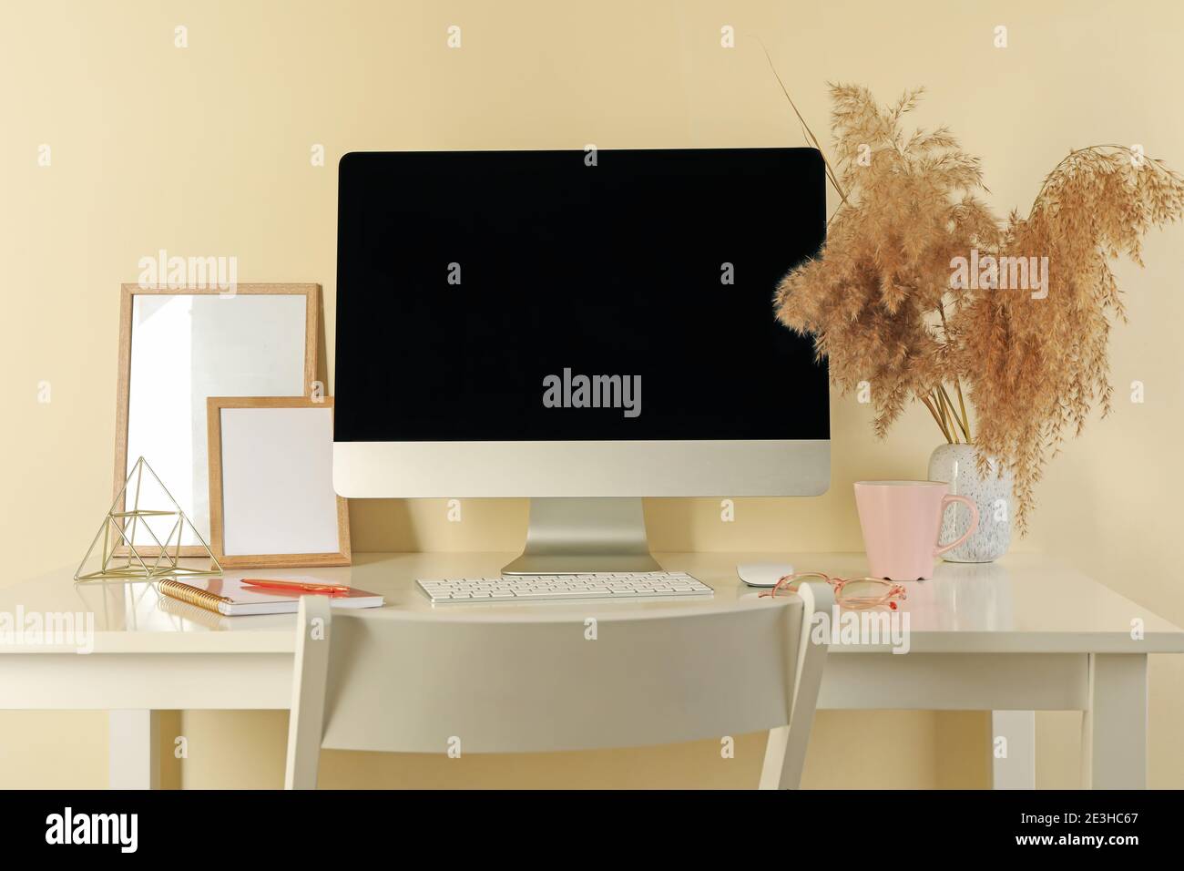 Concept of workplace with modern desktop computer on white table Stock ...