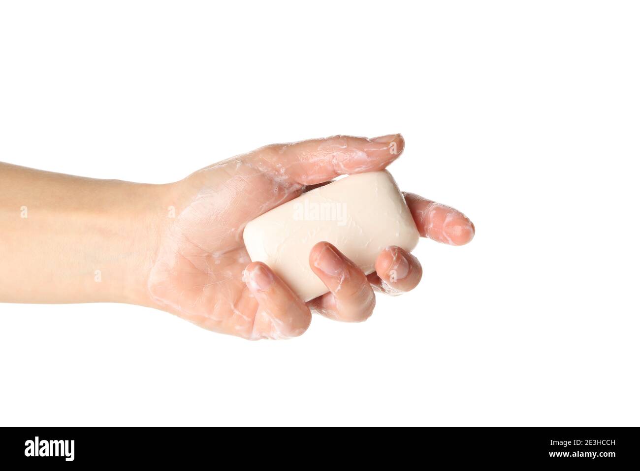 Female hand with soap and foam isolated on white background Stock Photo ...