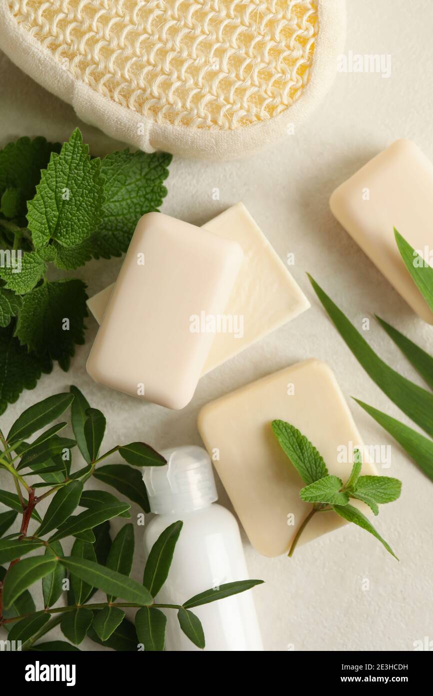 Concept of personal hygiene with natural soap on beige table Stock ...