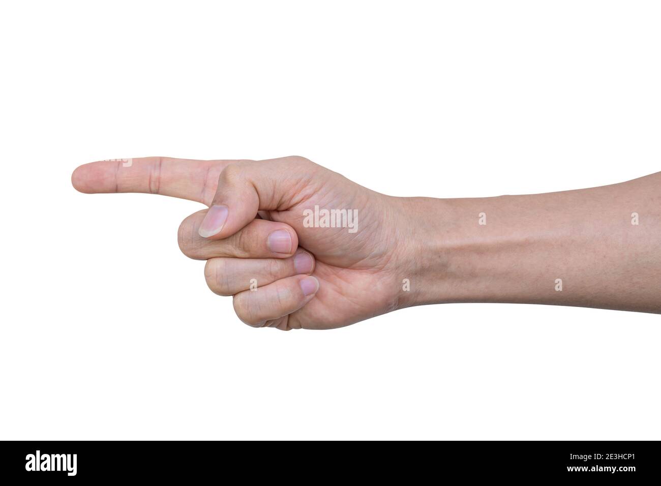 Closeup of male hand pointing, Isolated on white background with ...
