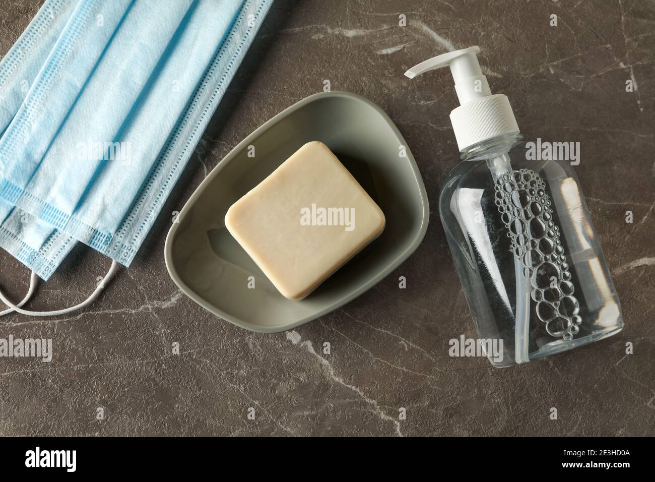Disinfection kit on gray table, top view Stock Photo - Alamy