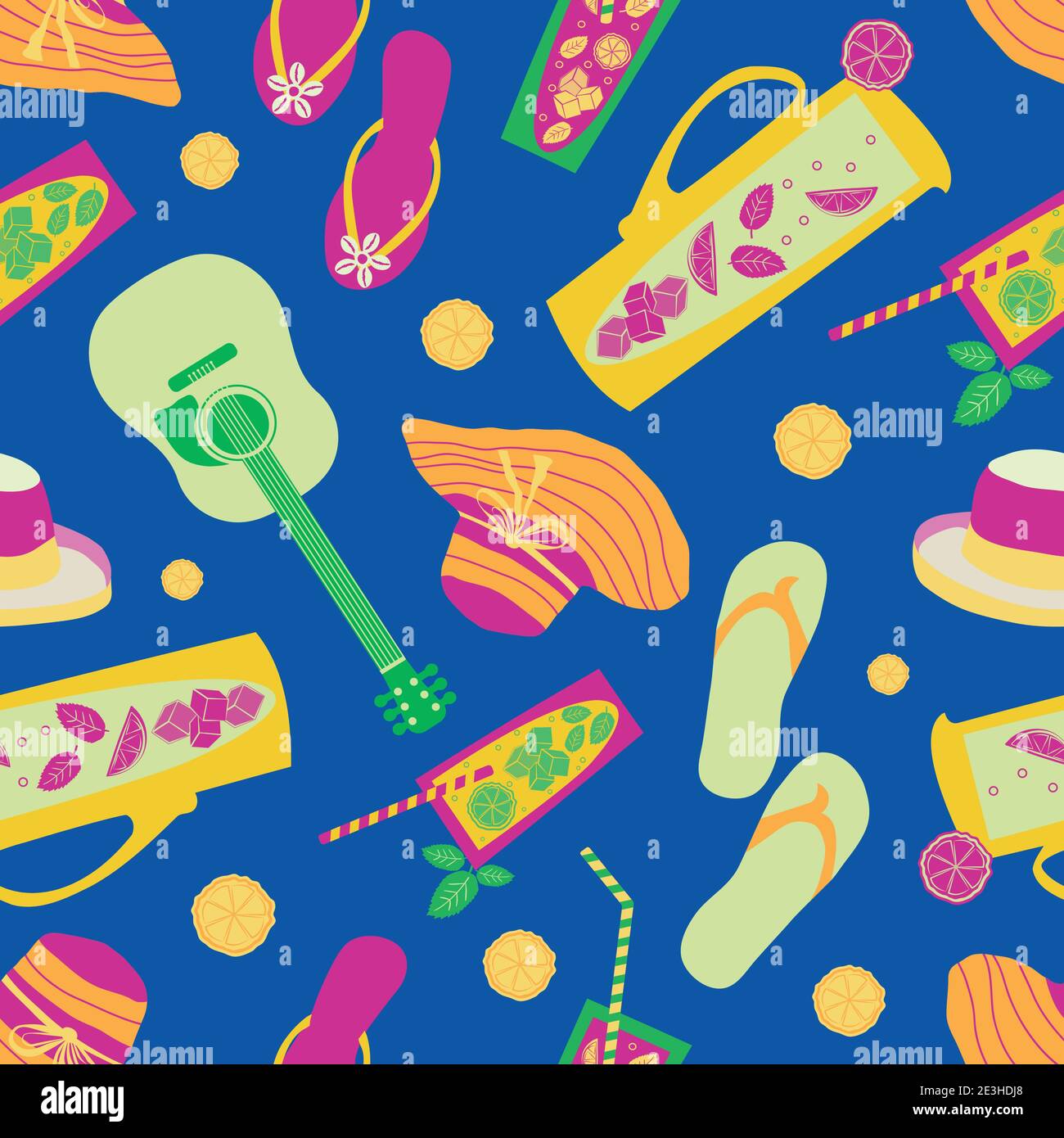 Beach party vector seamless pattern background. Tropical backdrop with ...