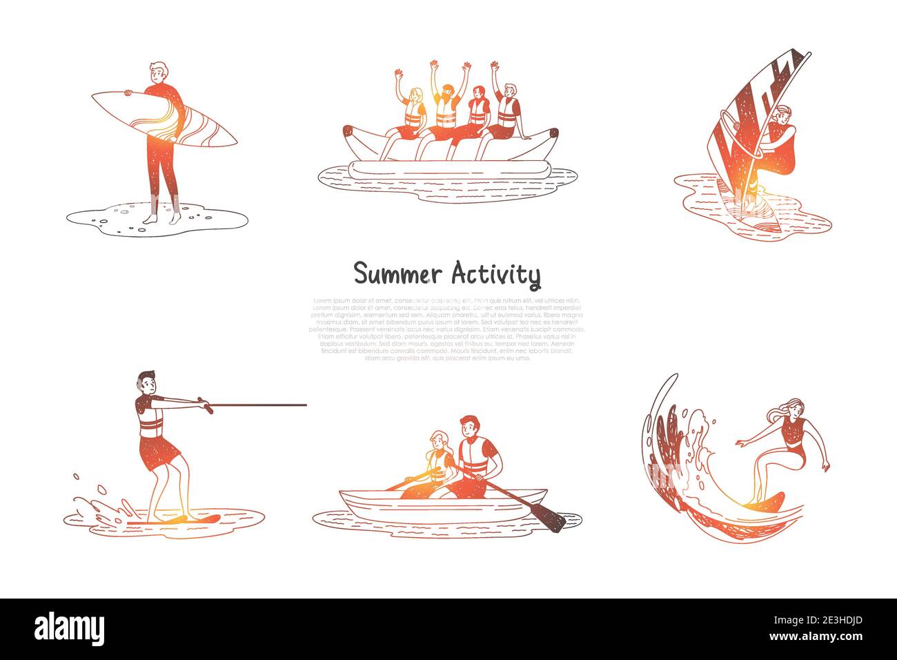 Summer activity - people doing water activities surfing, water skiing ...