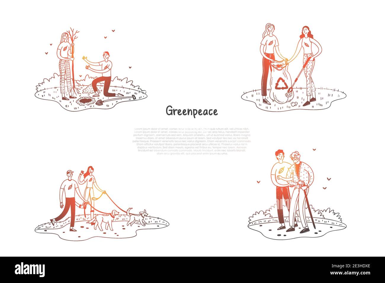 Greenpeace - people collecting garbage, planting trees, helping elderly ...