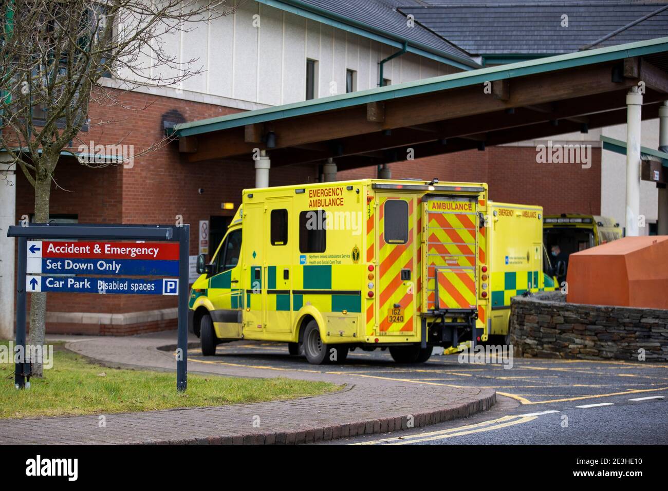 Ambulances queued at the entrance to Causeway Hospital's Accident and Emergency department in ...
