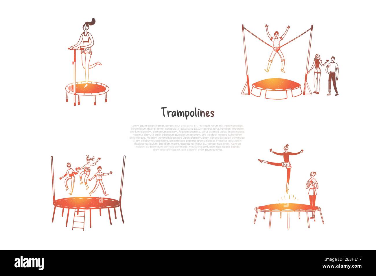 Trampolines - happy people jumping on trampolines vector concept set ...