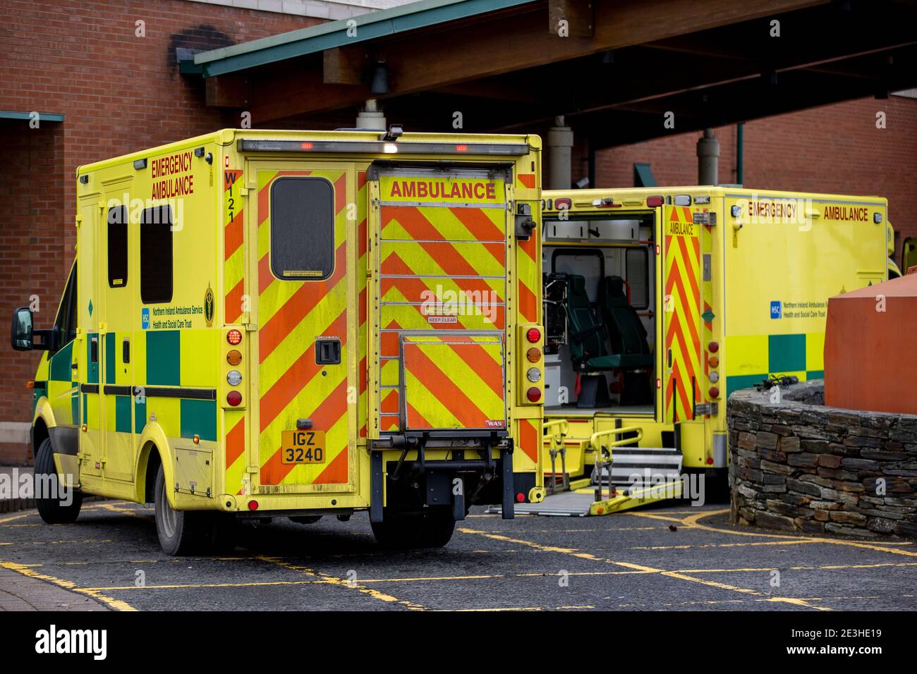Ambulances queued at the entrance to Causeway Hospital's Accident and Emergency department in ...