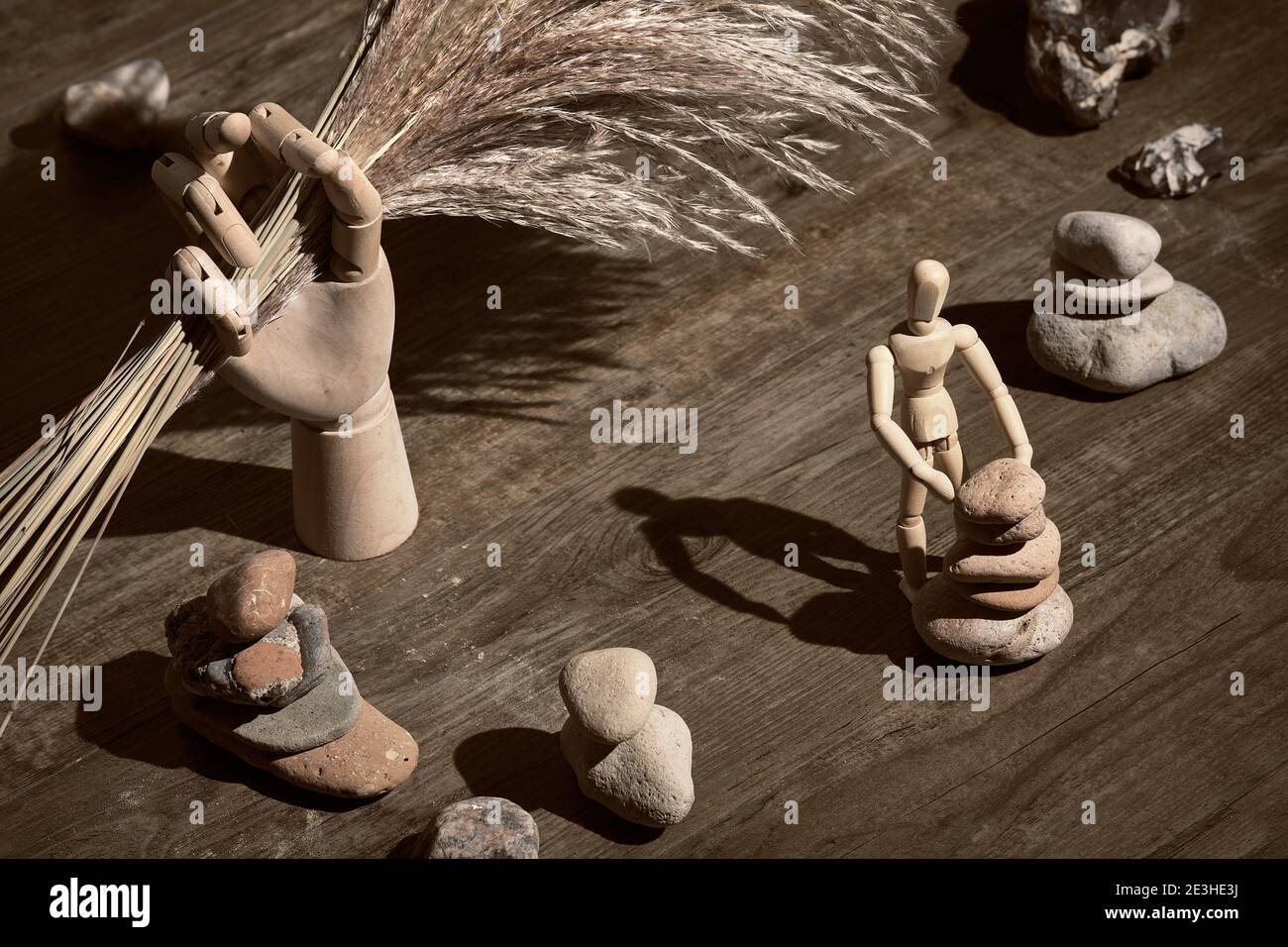 Wooden model hand holding dry withered pampas grass. Wooden human ...