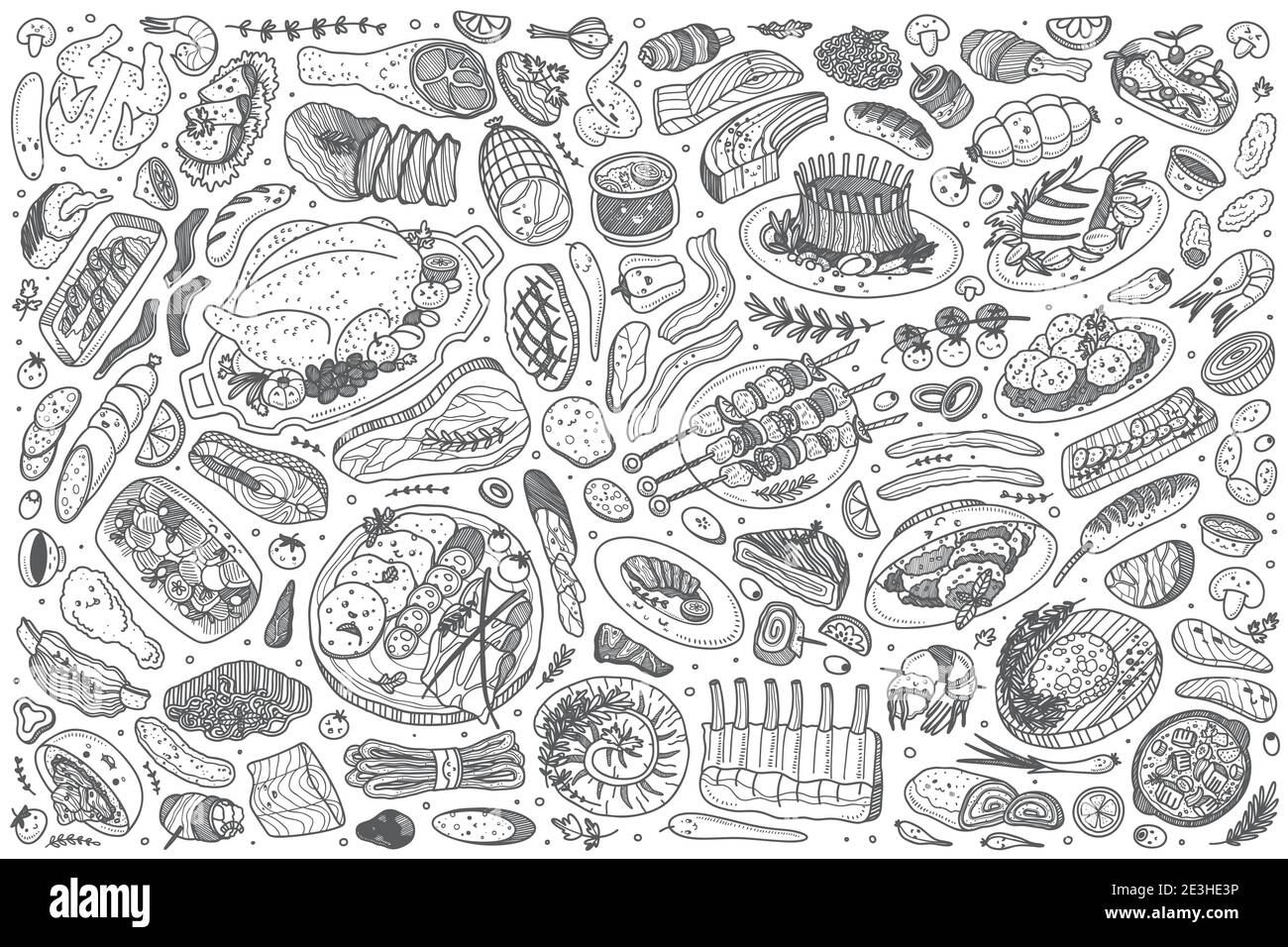 Hand drawn meat dish set doodle vector background Stock Vector Image ...